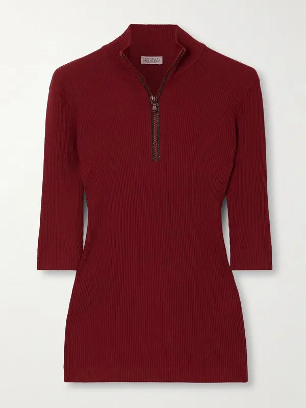 Brunello Cucinelli Bead-embellished Ribbed Wool Top