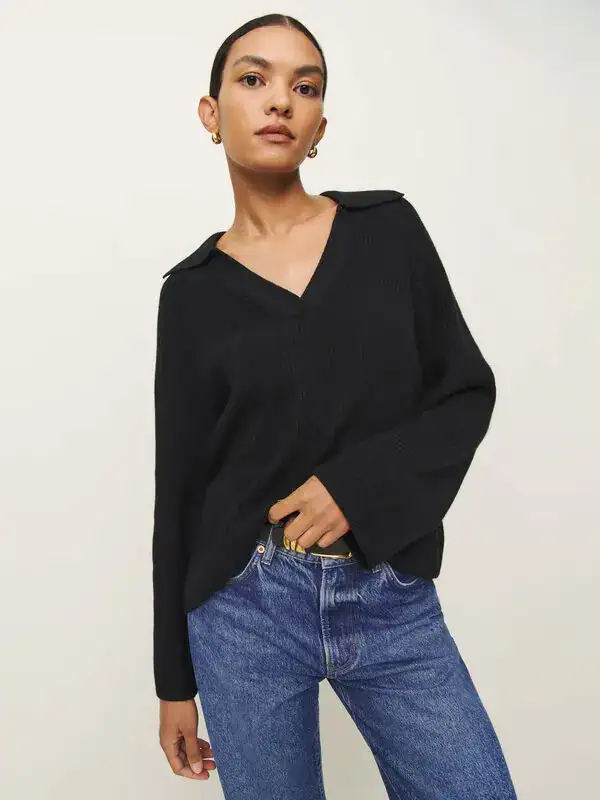 Reformation Esther Cashmere Blend Oversized Polo In Black 50