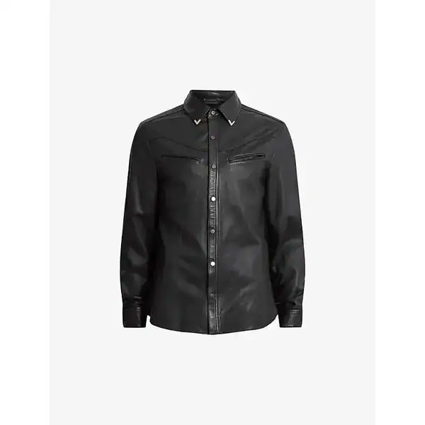 Allsaints Draven Chest-Pocket Leather Shirt In Black 61% Off