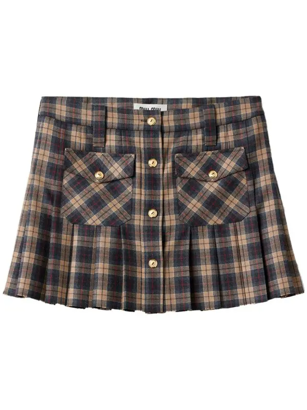 Miu Miu Pleated Tartan Mini Skirt - Brown