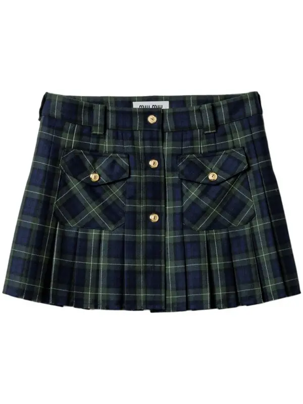 Miu Miu Pleated Tartan Miniskirt - Green