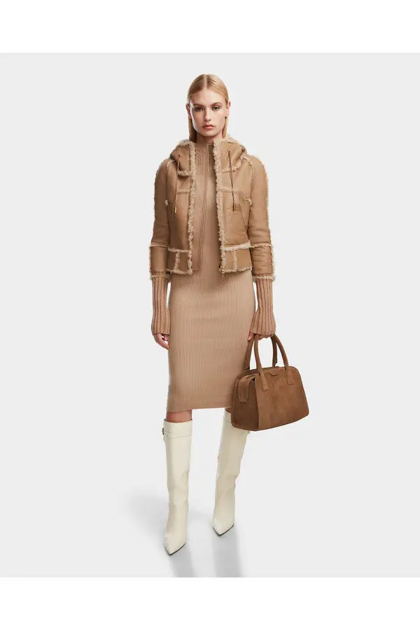 Rudsak Cropped Shearling Bomber Jacket With Knit Sleeves - Brown