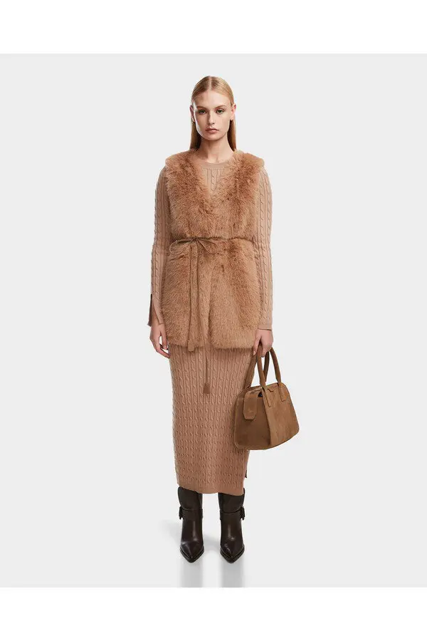 Rudsak Faux Fur Vest With Vegan Leather Belt - Brown