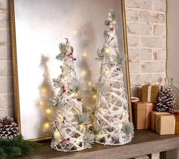 VALERIE PARR HILL As Is Set 2 Illuminated Snowy Trees W/berries Valerie