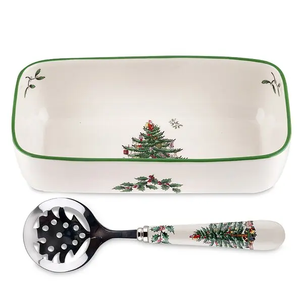 SPODE Christmas Tree Cranberry Server With Slotted Spoon