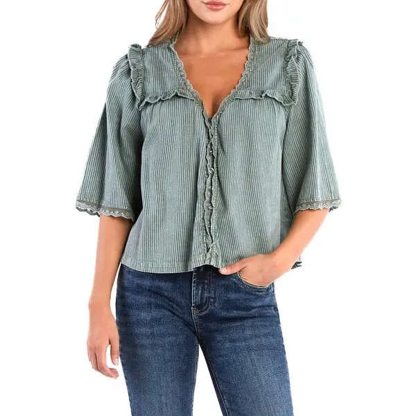 BILLY T Juliet Lace & Ruffle Cotton Blend Top - Army Rr Stripe