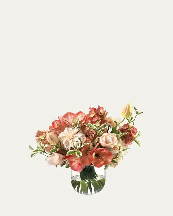 DIANE JAMES Salmon Amaryllis And Hydrangeas 17" Faux Floral Arrangement In Glass Vase