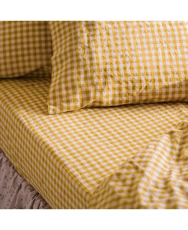PIGLET IN BED Gingham Linen Blend Fitted Sheet - Honey Gingham