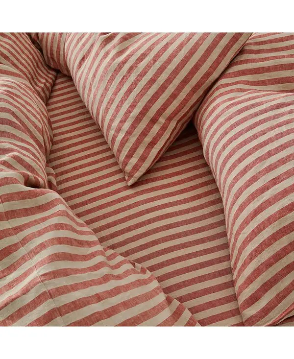 PIGLET IN BED Pembroke Stripe Linen Blend Fitted Sheet - Sandstone Red