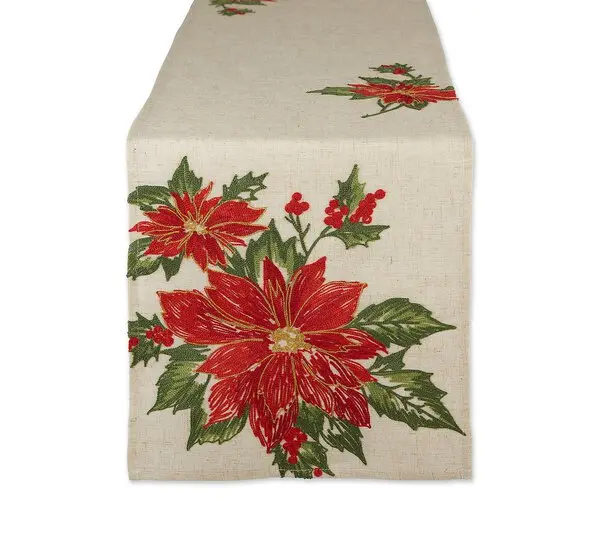 DESIGN IMPORTS Embroidered Poinsettia Holly Tab Le Runner 14x70