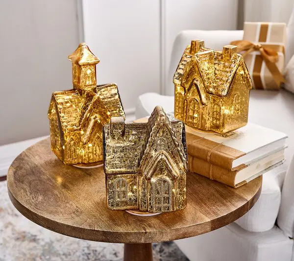 VALERIE PARR HILL As Is 3-pc Illuminated Mercury Glass Village Valerie