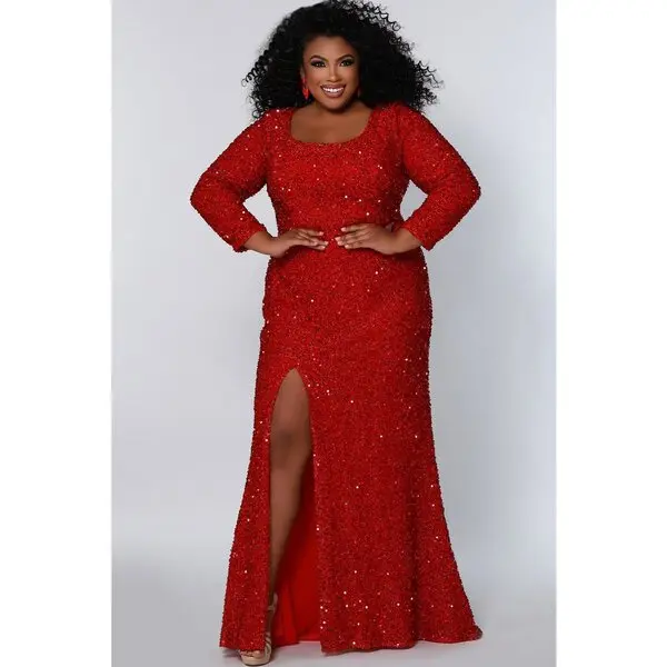 SYDNEY'S CLOSET Long Sleeve Sequin Gown - Ruby