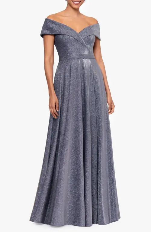 XSCAPE EVENINGS Glitter Off-the-shoulder Gown