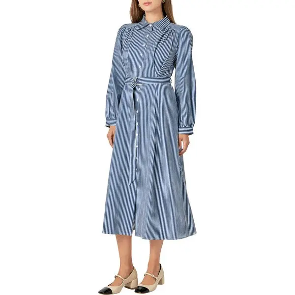 English Factory Stripe Long Sleeve Midi Shirt Dress