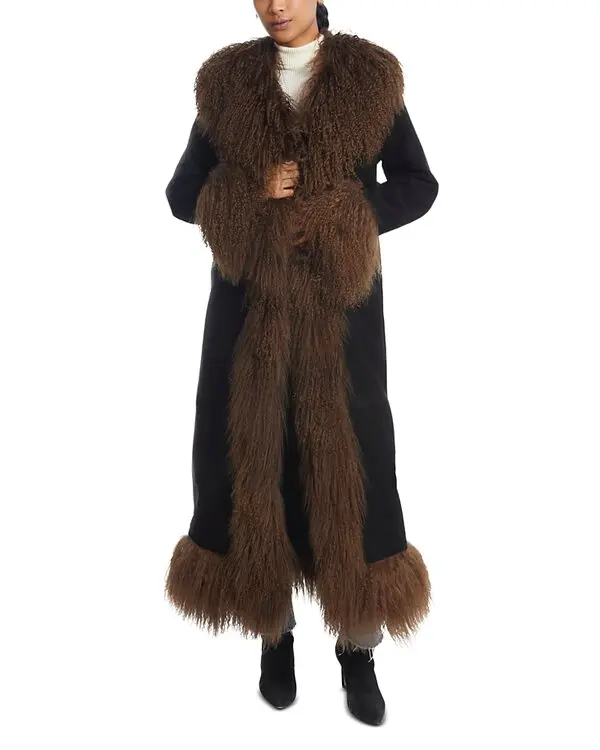 SUSANNA CHOW Dorothy Suede & Shearling Trim Maxi Coat - Black/brown Trim