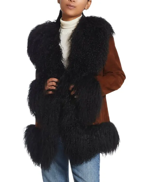 SUSANNA CHOW Dorothy Suede & Shearling Trim Coat - Cognac/black Trim