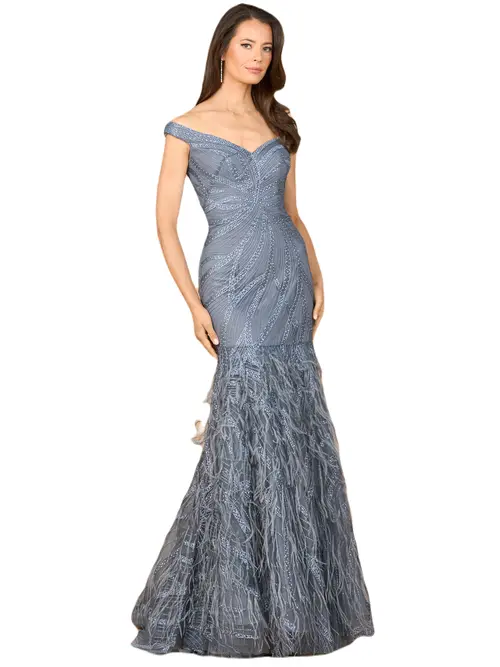 LARA NEW YORK Beaded Gown With Feathers