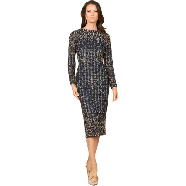 LARA NEW YORK Beaded Long Sleeve Midi Dress - Navy