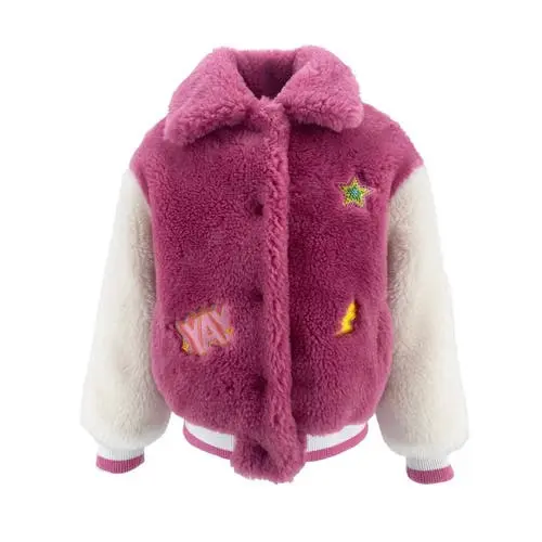 LOLA + THE BOYS Varsity Patch Faux Fur Bomber