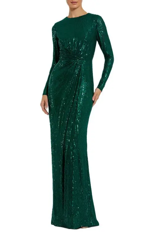 Mac Duggal Sequin Long Sleeve High Neck Column Gown - Emerald