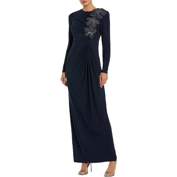 Mac Duggal Jersey Gown With 3d Floral Appliqués - Midnight
