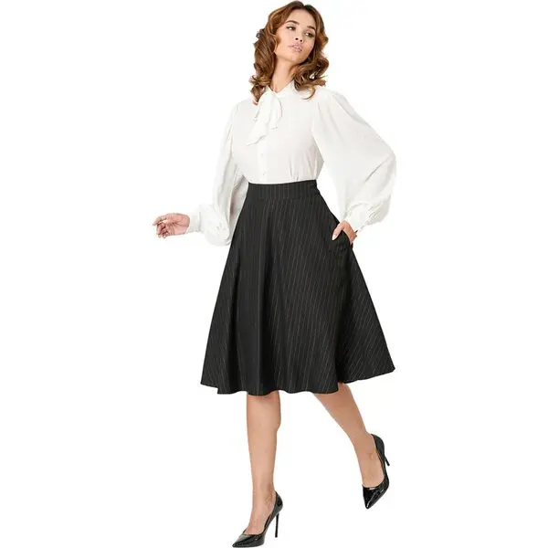 Unique Vintage Vivien Swing Skirt - Black Gold Stripe