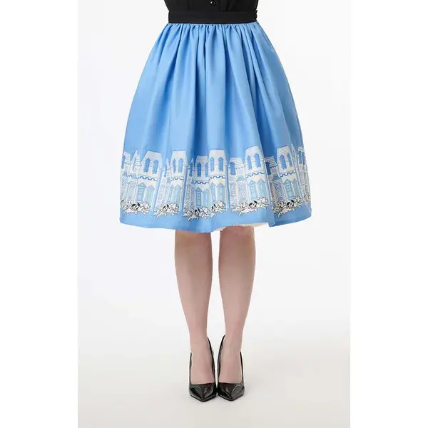 Unique Vintage Printed Woven Swing Skirt - Light Blue