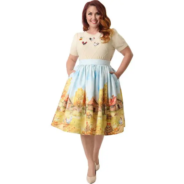 Unique Vintage Printed Woven Gellar Swing Skirt - Multicolor Farm Print