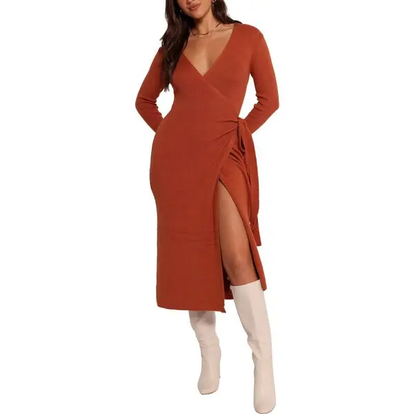 PETAL & PUP Kellan Long Sleeve Wrap Midi Dress - Bronze