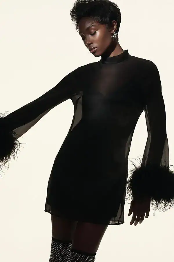 Hutch Long-Sleeve Feather-Trim Mini Dress In Black - 66% Off | Editorialist