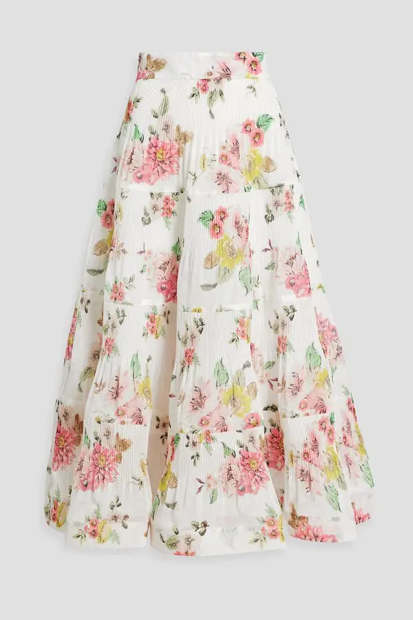 Zimmermann Pleated Floral-print Organza Midi Skirt
