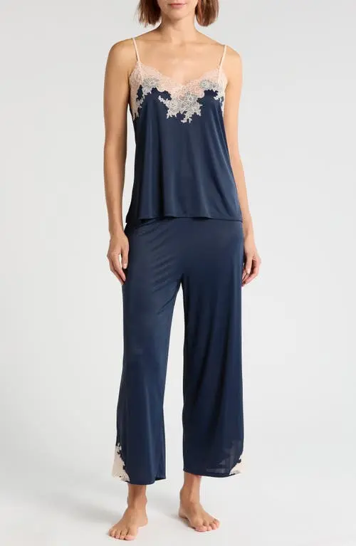 Natori Enchant Lace Trim Satin Pajamas - Night Blue