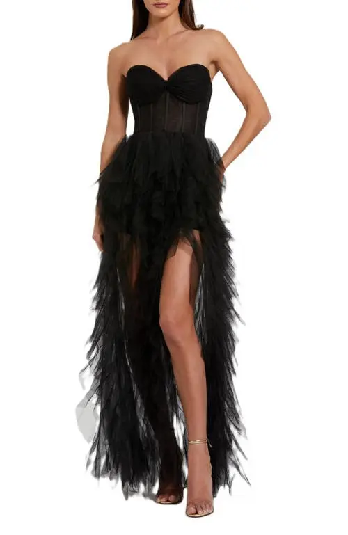 Mac Duggal Strapless Bustier Net Gown With Spiral Ruffles - Black