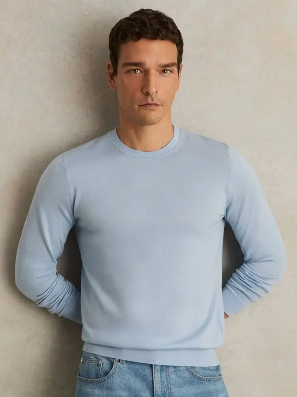REISS Wessex Merino Wool Crew Neck Jumper - Soft Blue
