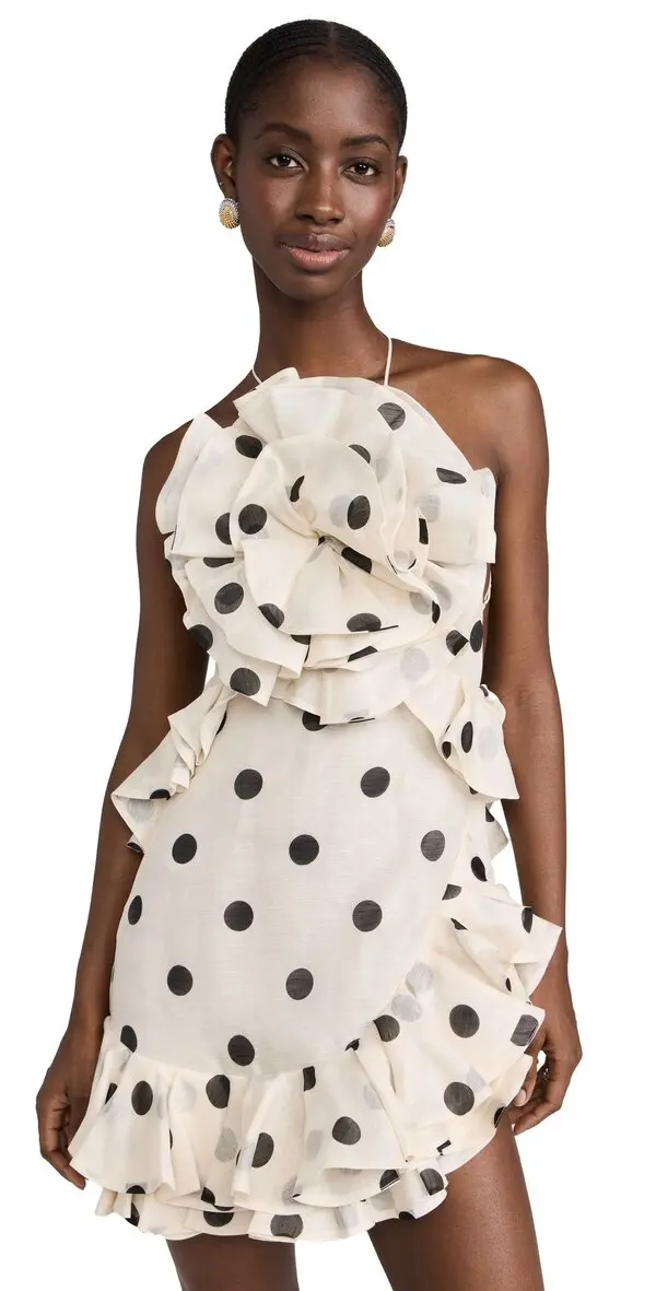 Zimmermann Crush Ruffle Halter Mini Dress - Cream/black Dot