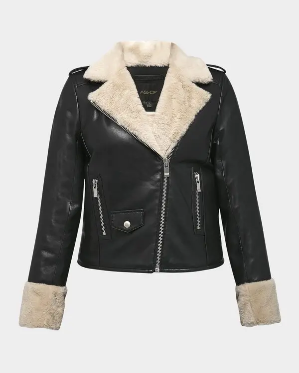 AS By DF Sydney Recycled Leather Moto Jacket With Faux Fur Trim