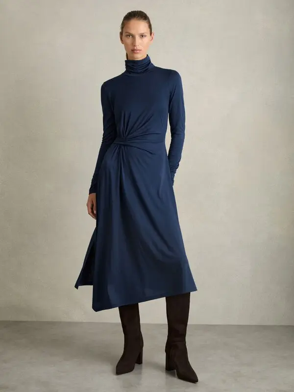 REISS Casey Draped Jersey Midi Dress - Blue