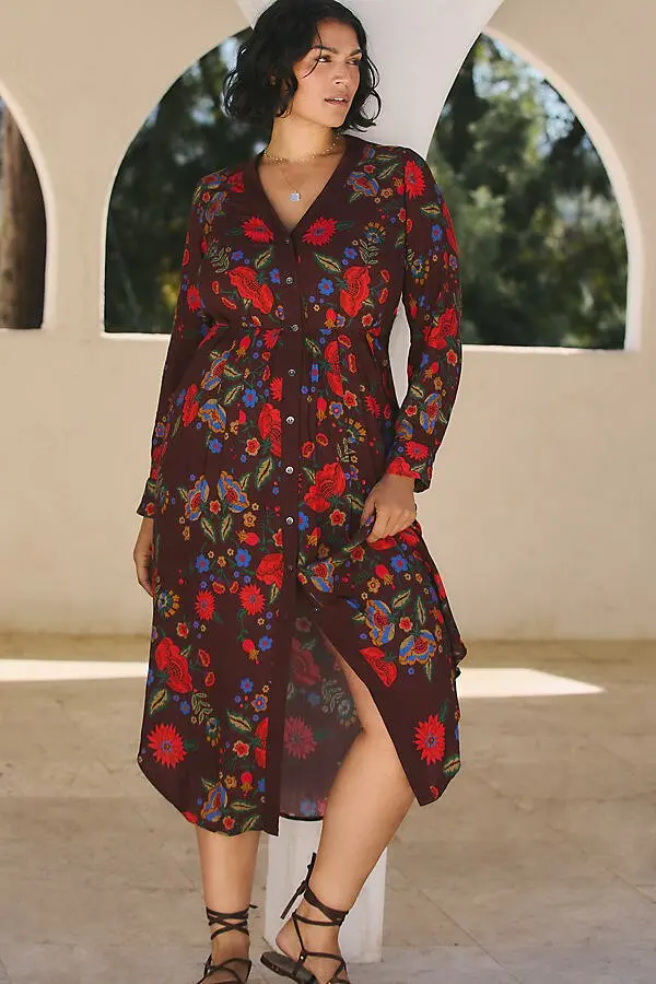 BL-NK Rikke Long-sleeve Button-front Midi Dress - Brown Pattern
