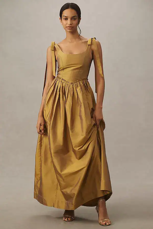 gold taffeta dress Taffeta Shirtdress Gown With Metallic Jacquard Skirt – Elilhaam main image 1