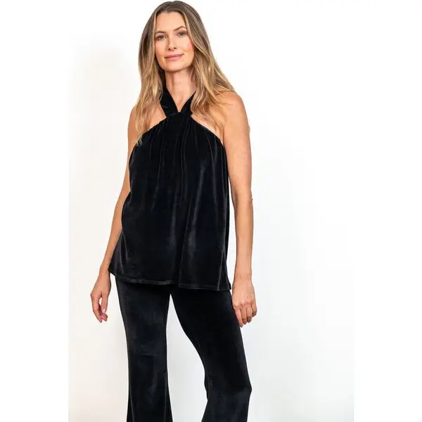 JJWINKS Cosmo Built-in Shelf Velour Halter Top - Black