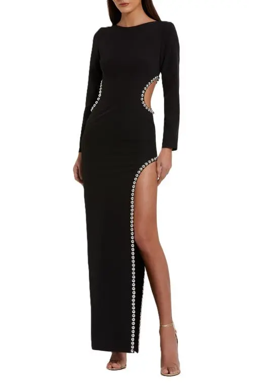 Mac Duggal Crepe Long Sleeve Gown With Beaded Cut Outs - Black
