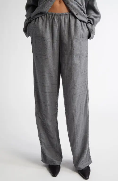 TOTÊME Monogram Embroidered Flannel Wide Leg Pants - Smoke Melange