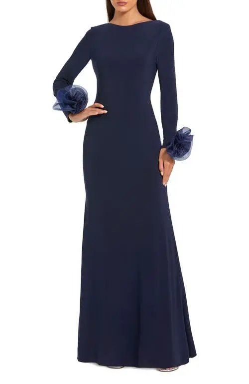 Mac Duggal Long Sleeve Fitted Jersey Gown With 3d Flowers - Midnight