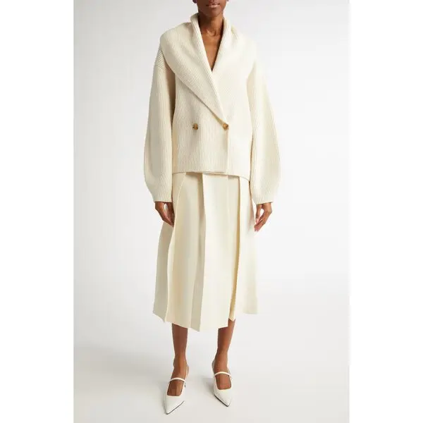 TOTÊME Double-breasted Shawl Collar Wool Blend Rib Cardigan - Milk