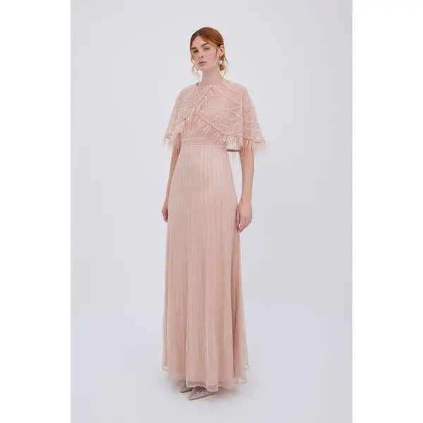 RAISHMA Adira Sequin Gown With Feathered Cape