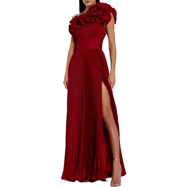 Mac Duggal Pleated Charmeuse One Shoulder Ruffle Gown - Red