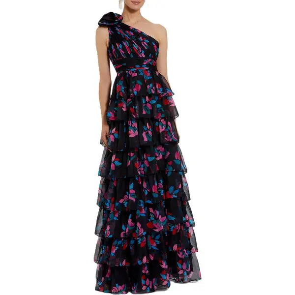 Mac Duggal Printed Chiffon One-shoulder Tiered Ruffle Gown