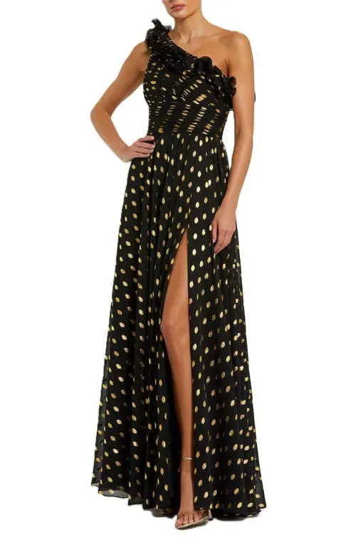 Mac Duggal One-shoulder Chiffon Gown With Slit - Black Gold