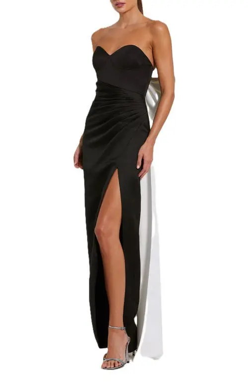 Mac Duggal Strapless Satin Bustier Gown With Bow - Black Ivory