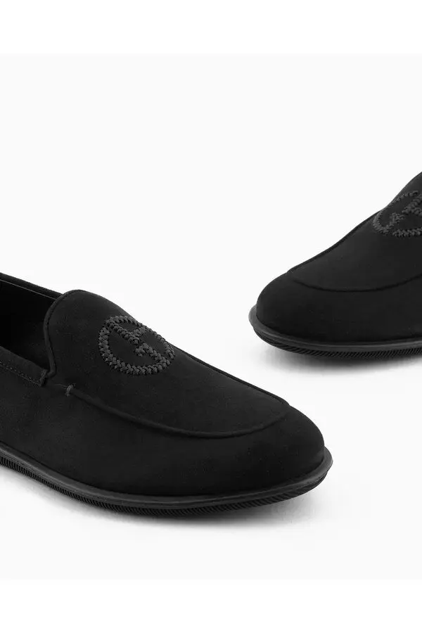 Giorgio Armani Suede Loafers With Embroidered Logo - Black